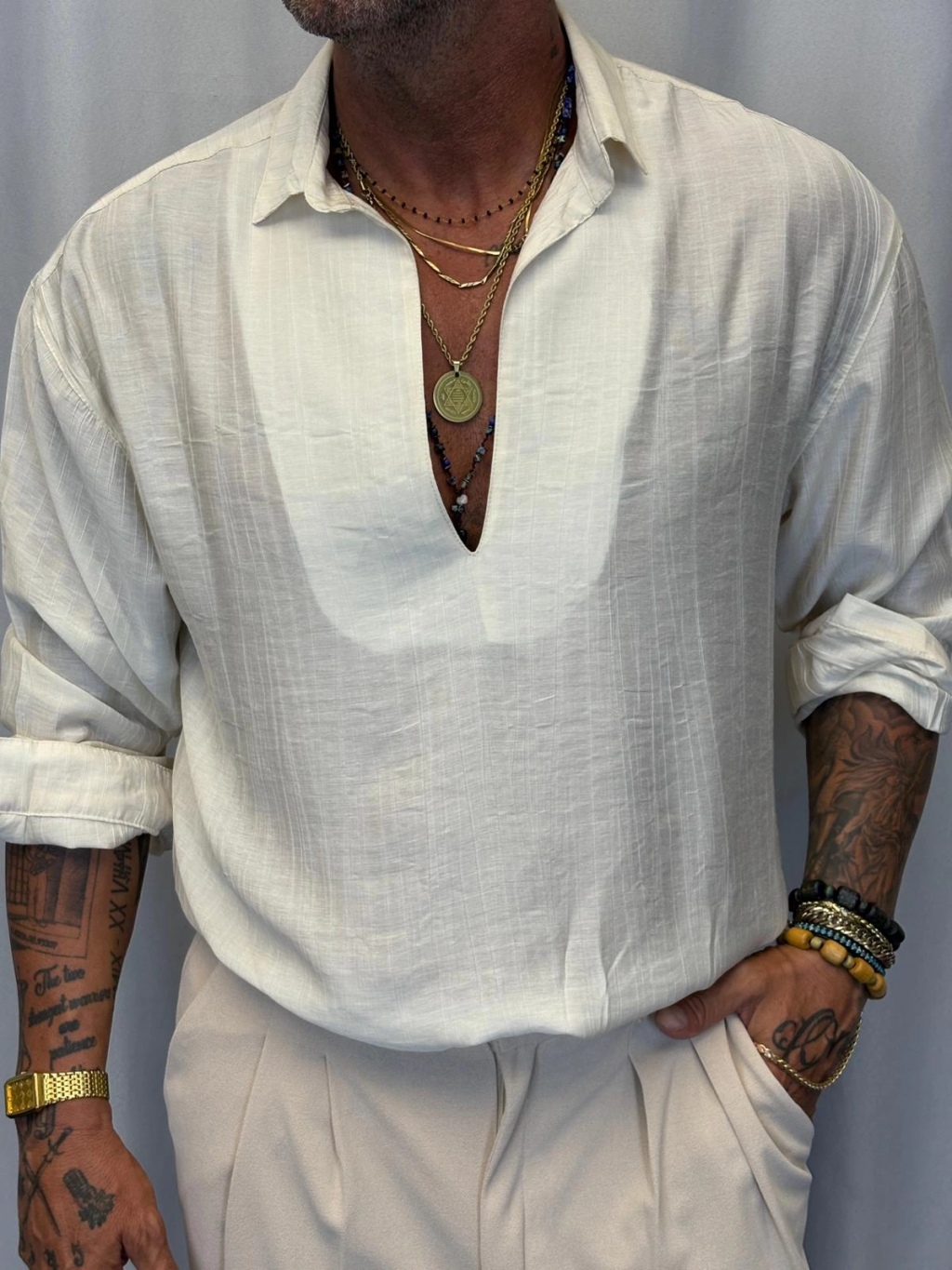 Cherry V Yaka Gömlek Beyaz | Orkun Atar Style - Triko Koleksiyonu