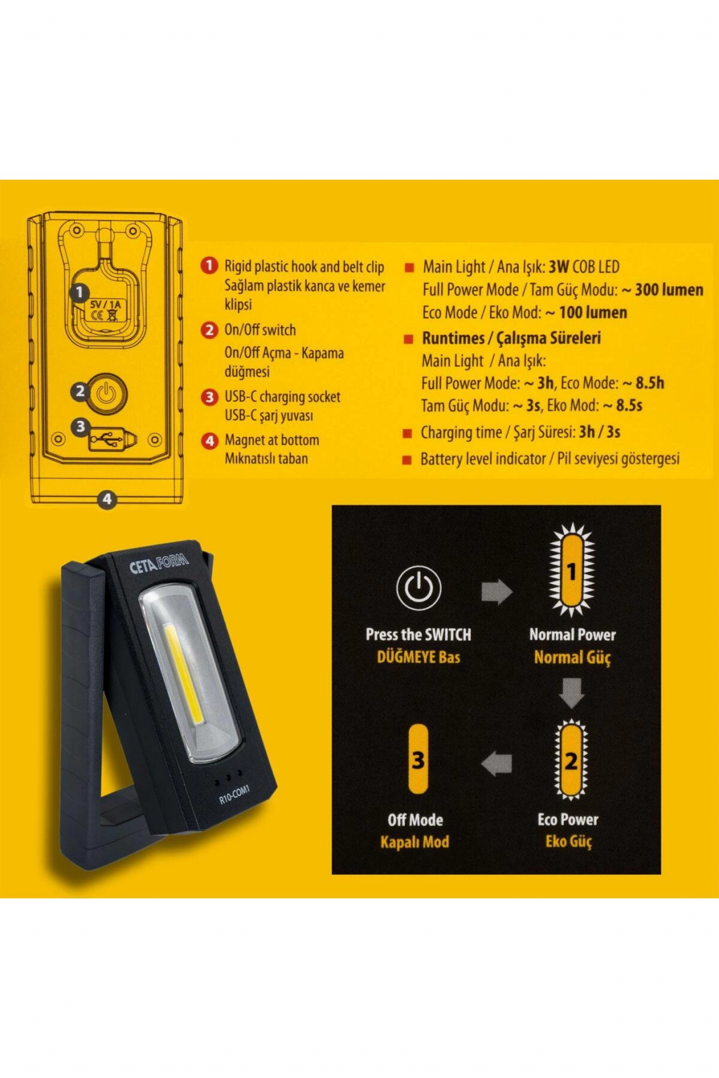 CETA FORM R10-COM1 Şarjlı COB Led Kompakt Çalışma Lambası 300 Lümen
