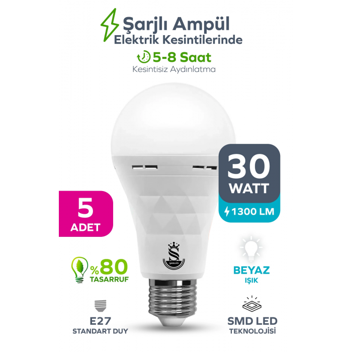 Şarjlı Akülü 30w Beyaz Işık Led Ampul 5 Adet