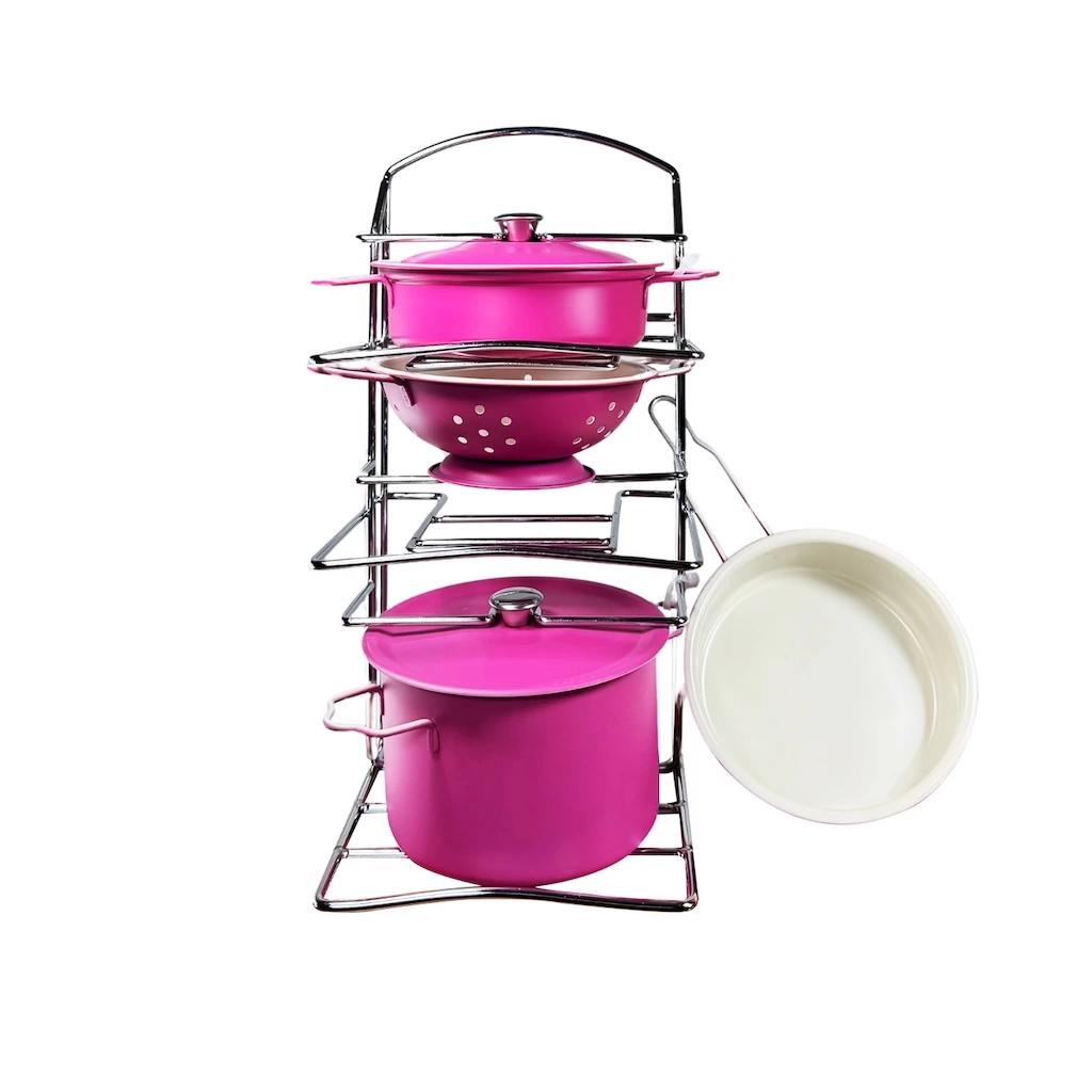 7 Parça Raflı Pembe Emaye Tencere Tava Seti