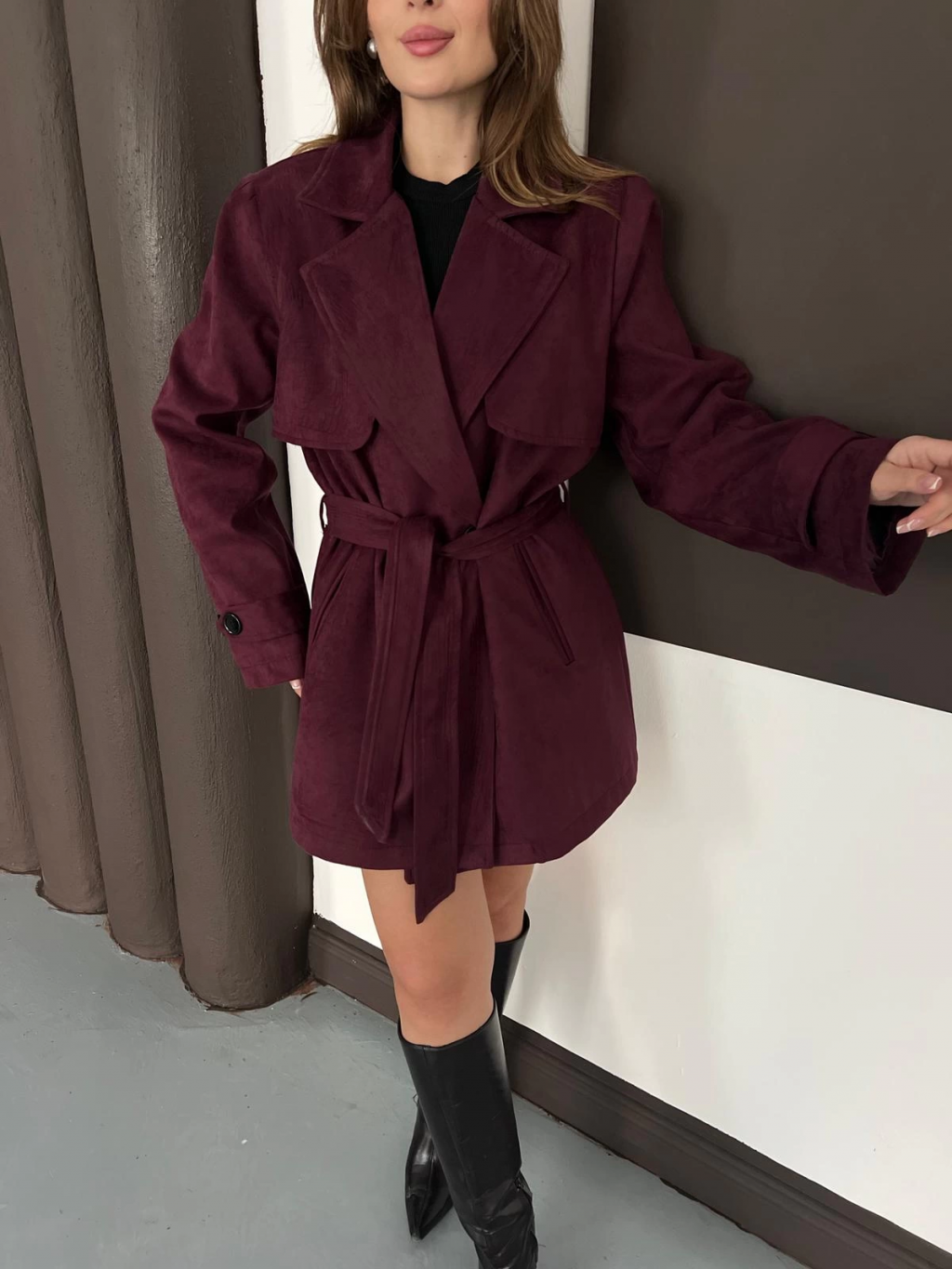 Kaban Modelleri & Joi Butik - Kol Manteşli Nubuk Kaban Bordo