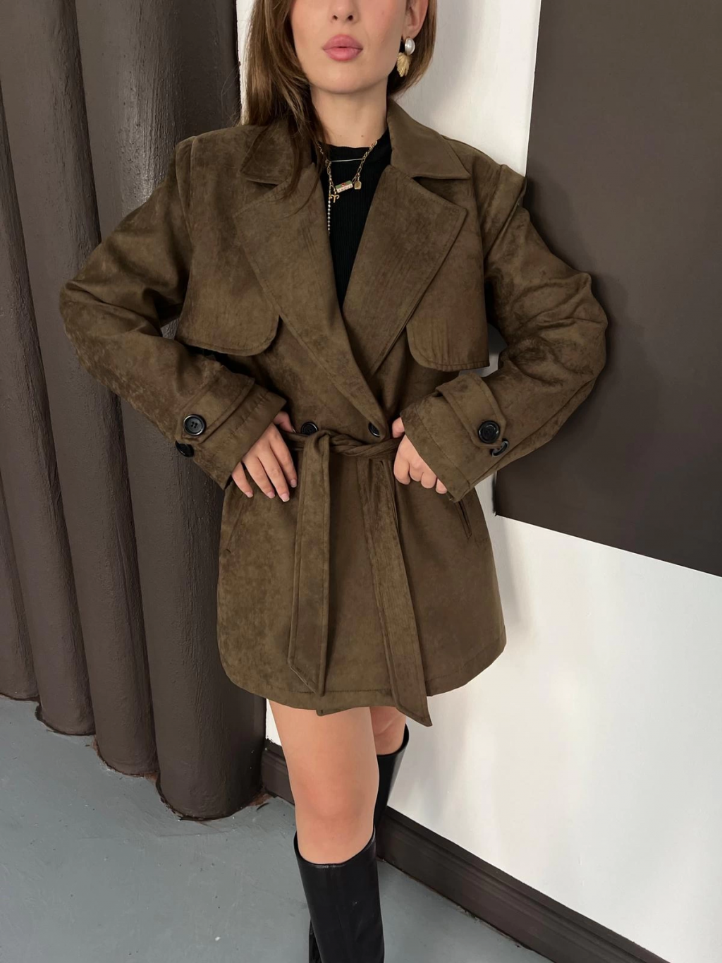 Kaban Modelleri & Joi Butik - Kol Manteşli Nubuk Kaban Kahve