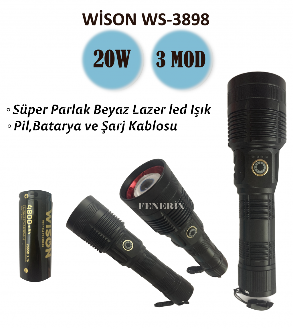 WİSON UZUN MENZİLLİ EL FENERİ 20 WATT WS-3898