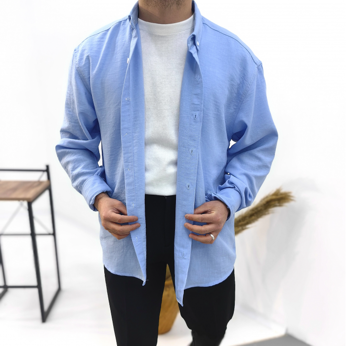 Baby Blue Yıkamalı Uzun Kollu Keten Gömlek (Regular Salaş Kalıp)