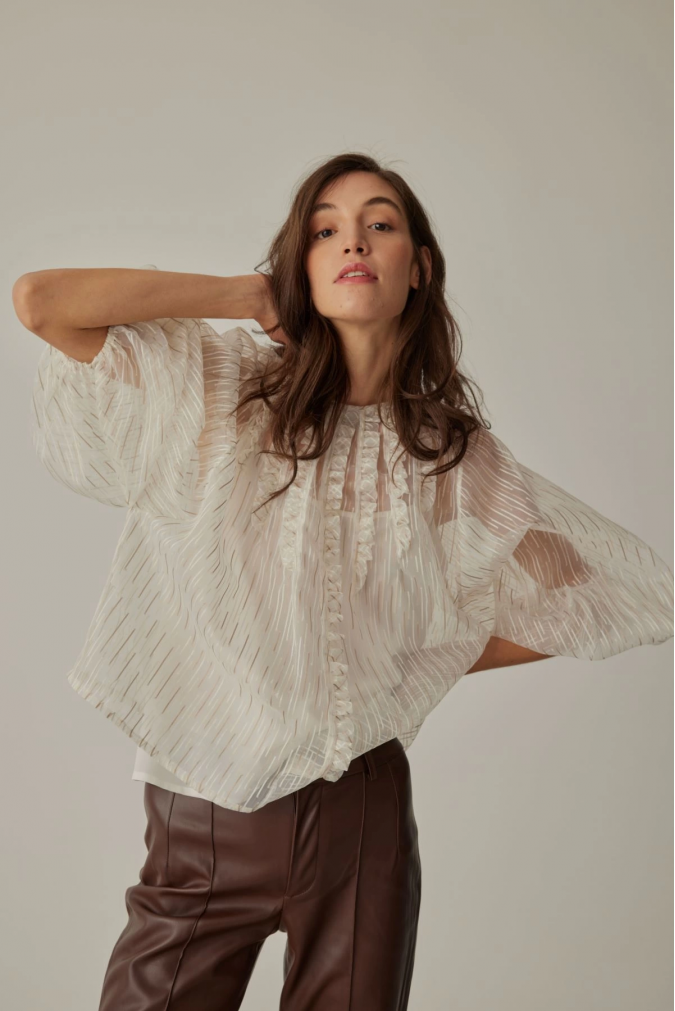 Jakarlı Bej Kadın Bluz - Bej Fine Factory