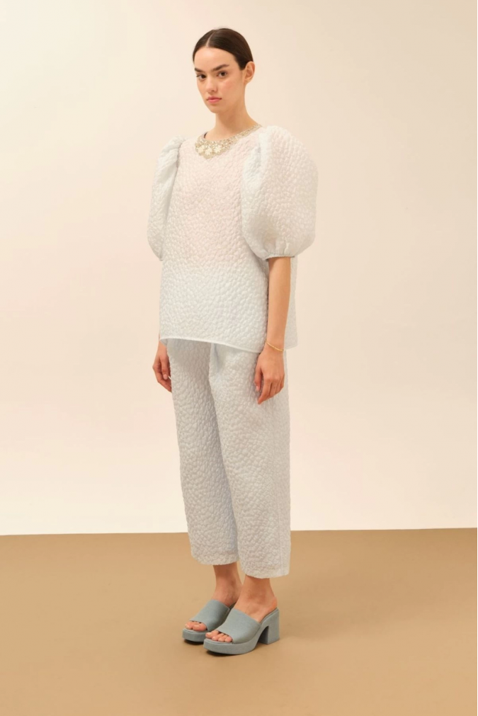 Jakarlı Mavi Pantolon - Bej Fine Factory