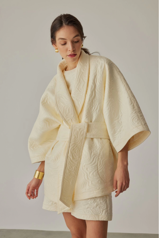 Jakarlı Şal Yaka Ekru Kimono - Bej Fine Factory