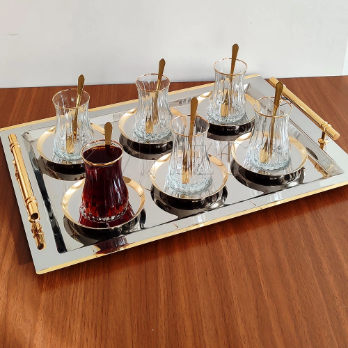 Eva Gold Kesme Dekor Tepsili Çelik Tabaklı Çay Seti - 6 Kişilik