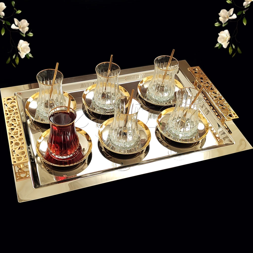 Eva Liza Gold Çelik Tabaklı Tepsili Çay Seti-6 Kişilik,19 Parça