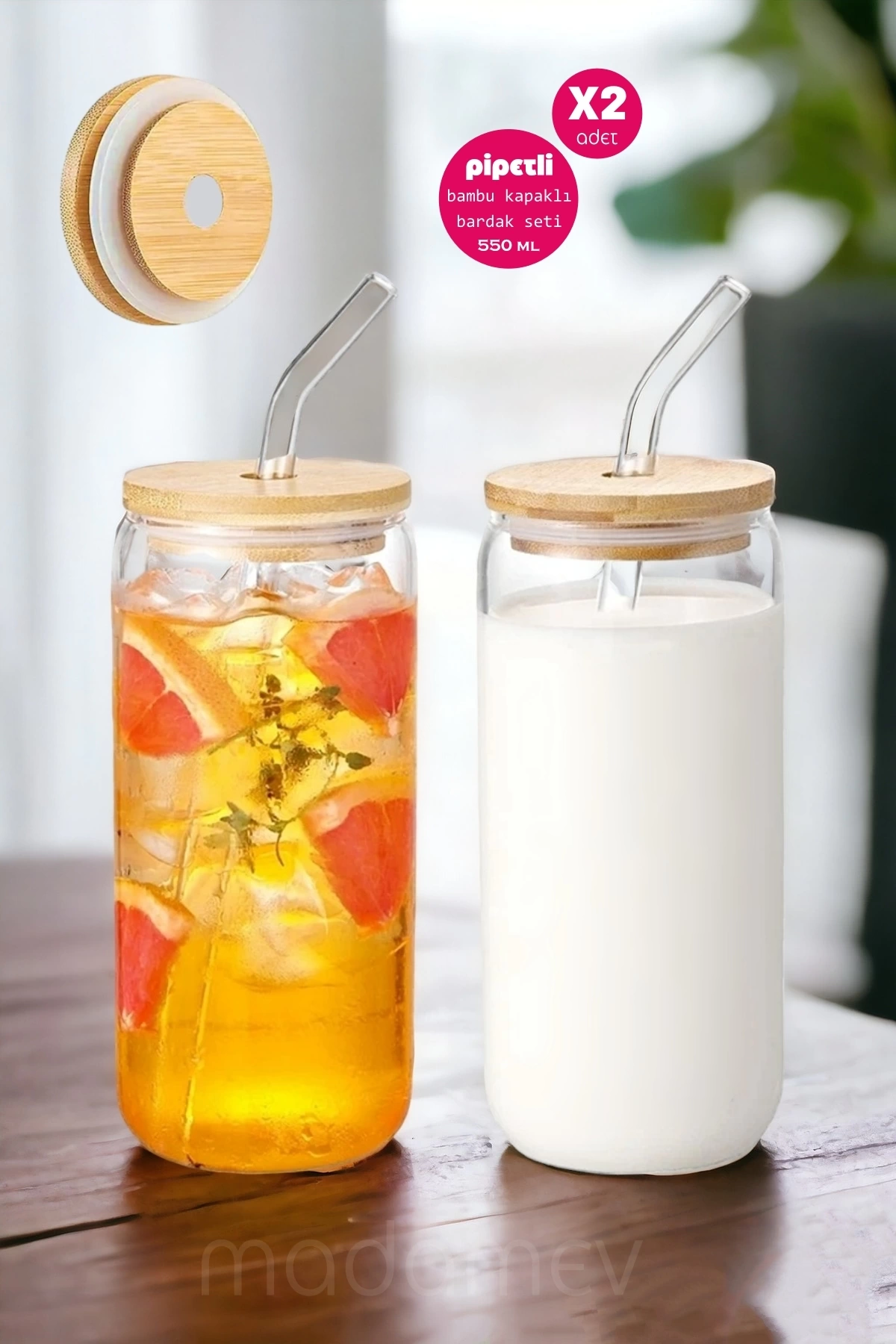 2li Bambu Kapaklı Pipetli Isıya Dayanıklı Cam Bardak 550 ml Kola Kutu ...