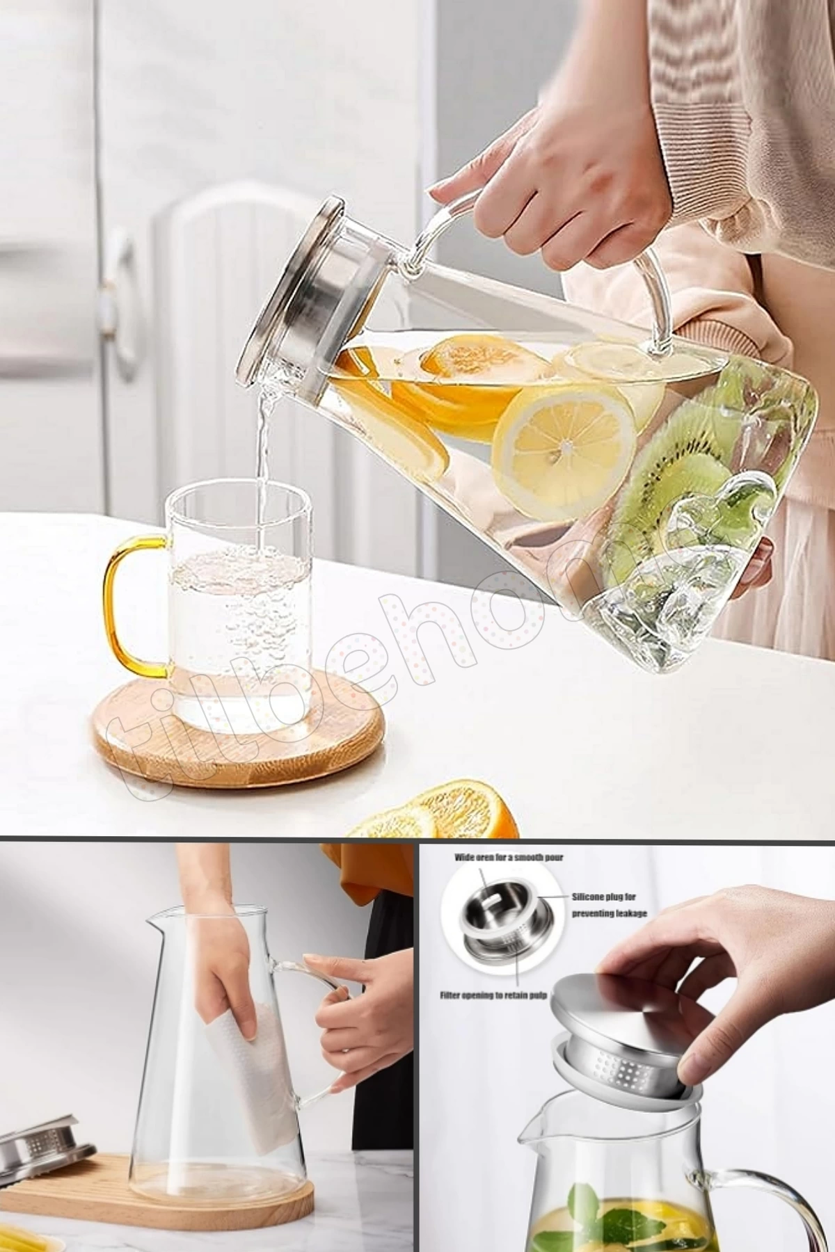 Borosilikat Cam Sürahi 1800ml Isıya Dayanıklı Karaf, Metal Kapaklı Cam ...