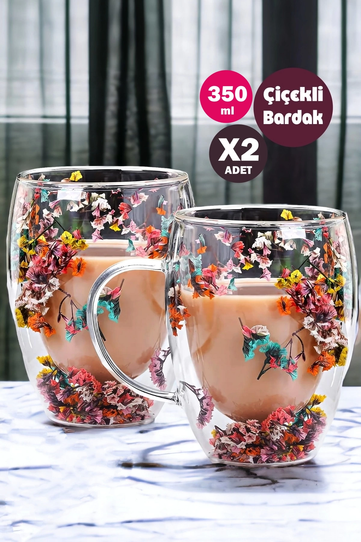 2'li Çift Cidarlı Flower Cup 350ml Çiçekli Bardak Kahve Çay Bardağı El ...