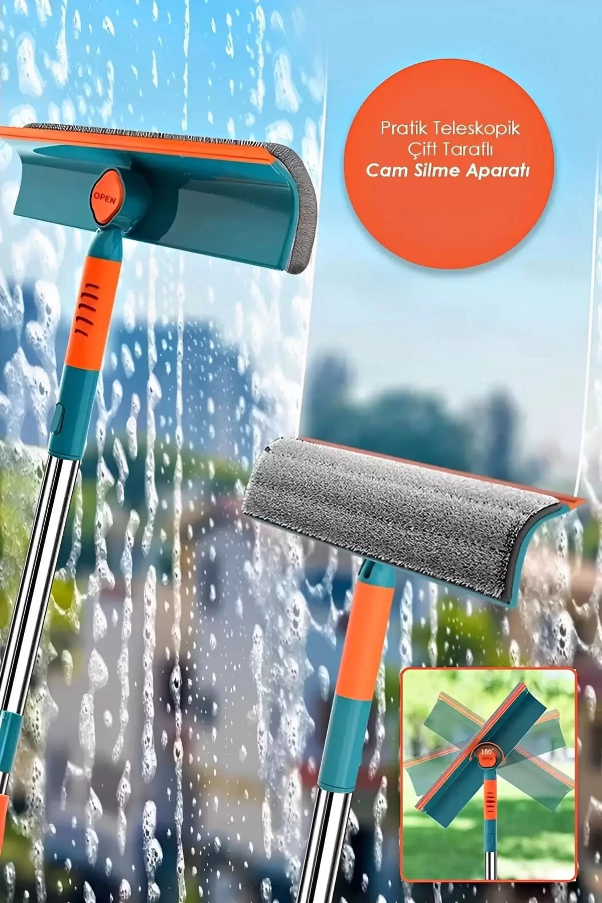 Teleskopik Çift Yönlü Pratik Cam Silme Aparatı 180 Derece Döner Pencere ...