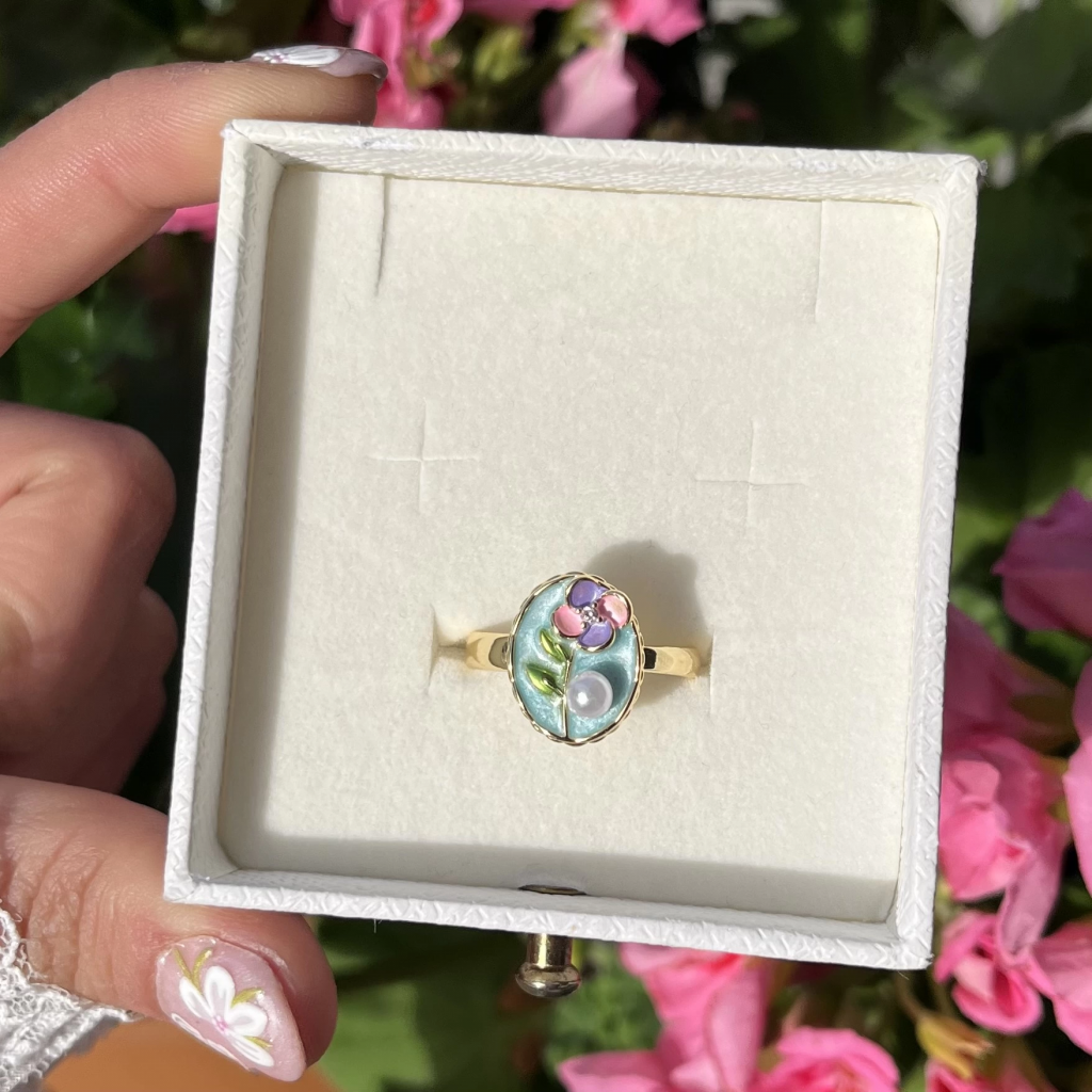 Pastel Mavi ve İncili Sanat Yüzük