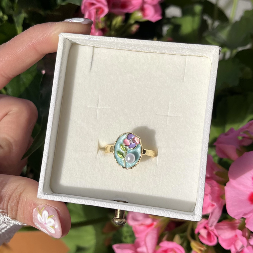 Pastel Mavi ve İncili Sanat Yüzük