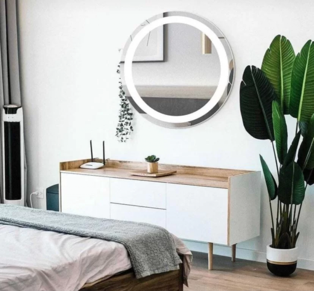 90 cm Çapında Beyaz Led Işıklı Kumlamalı Led Ayna / Dekoratif Ayna ...