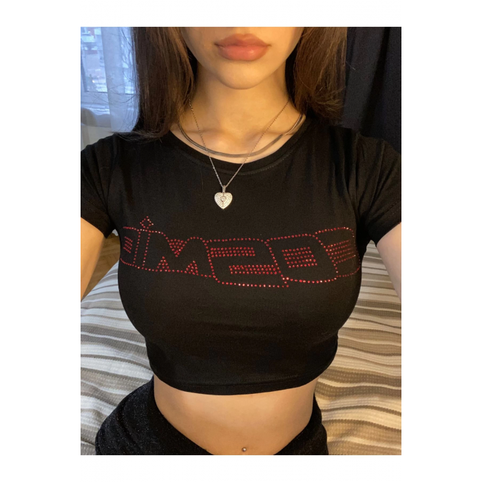 Siyah Kırmızı Parıltılı Taşlı Cosmic Yazılı Kadın Crop Body