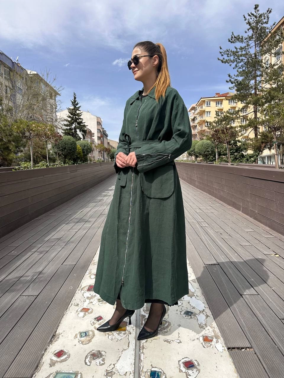 Misswhence 37509 Yeşil Arkası Fermuar Detaylı Keten Kap