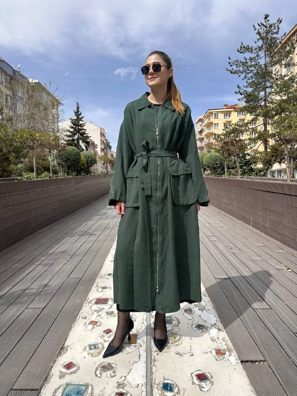 Misswhence 37509 Yeşil Arkası Fermuar Detaylı Keten Kap