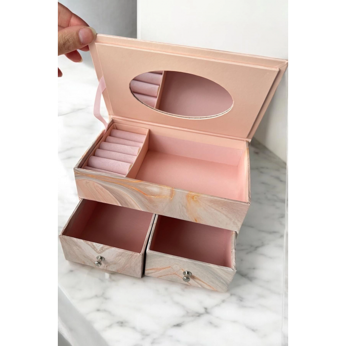 Pembe Renk Ayna Detaylı Bölmeli Çekmeceli Takı Organizeri