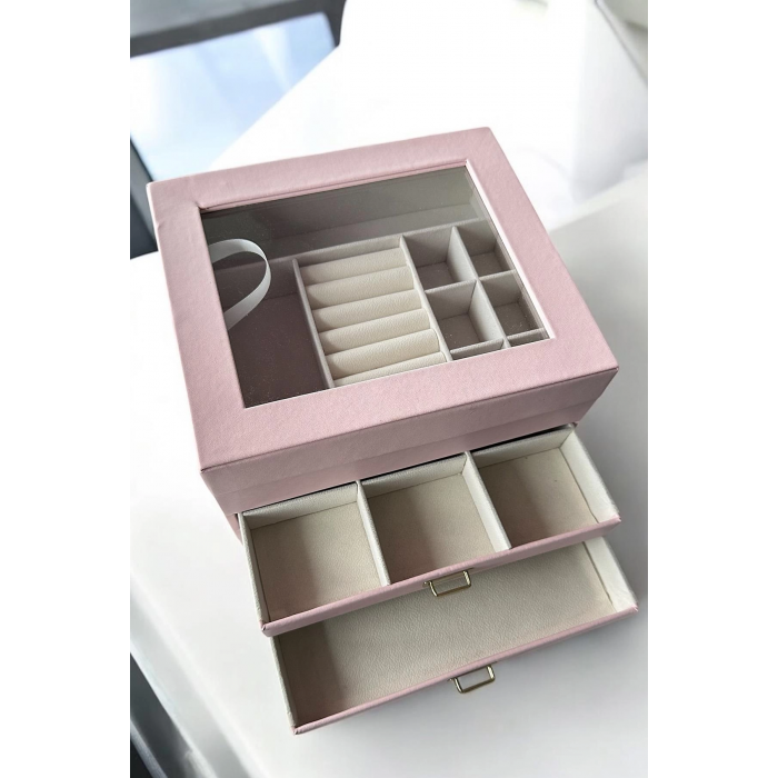 Pembe Renk Ayna Detaylı Çekmeceli Takı Organizeri