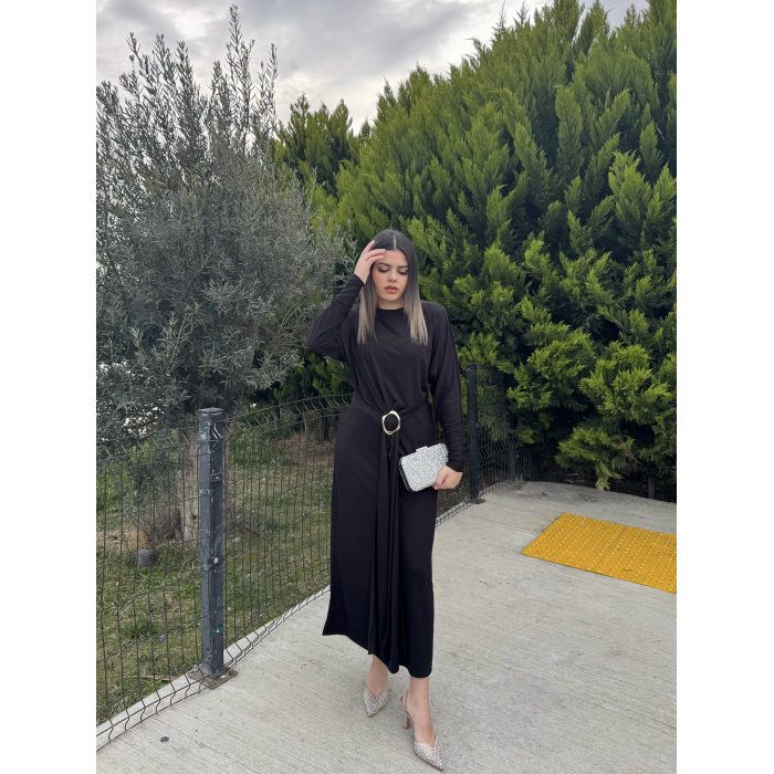 Broşlu Sandy Elbise-Siyah