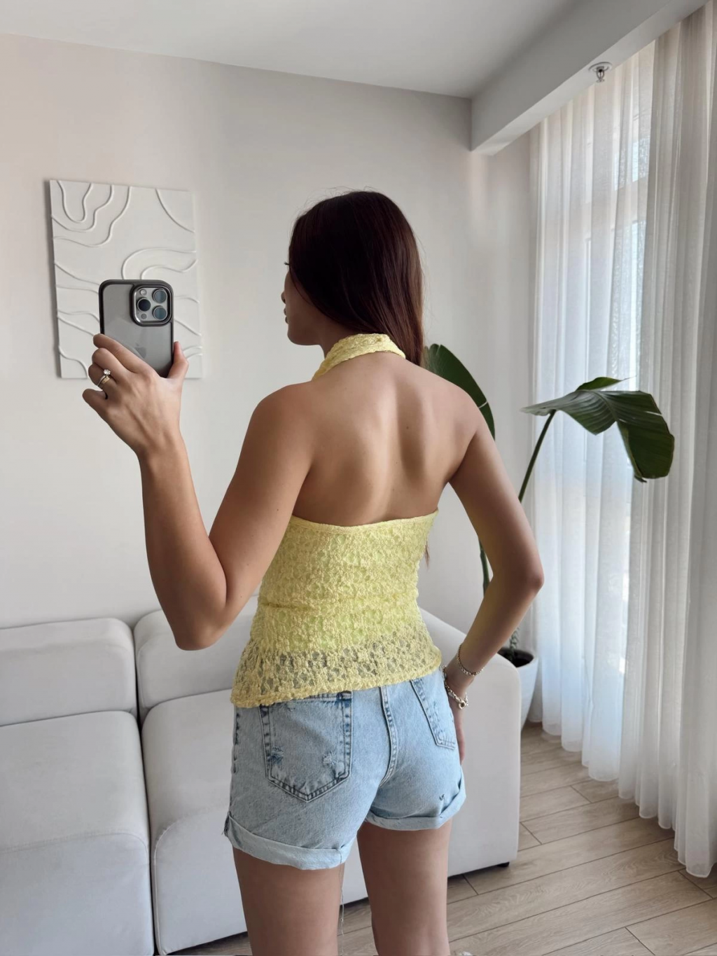 Zoom Butik - Boyun Geçmeli Dantel Crop - SARI