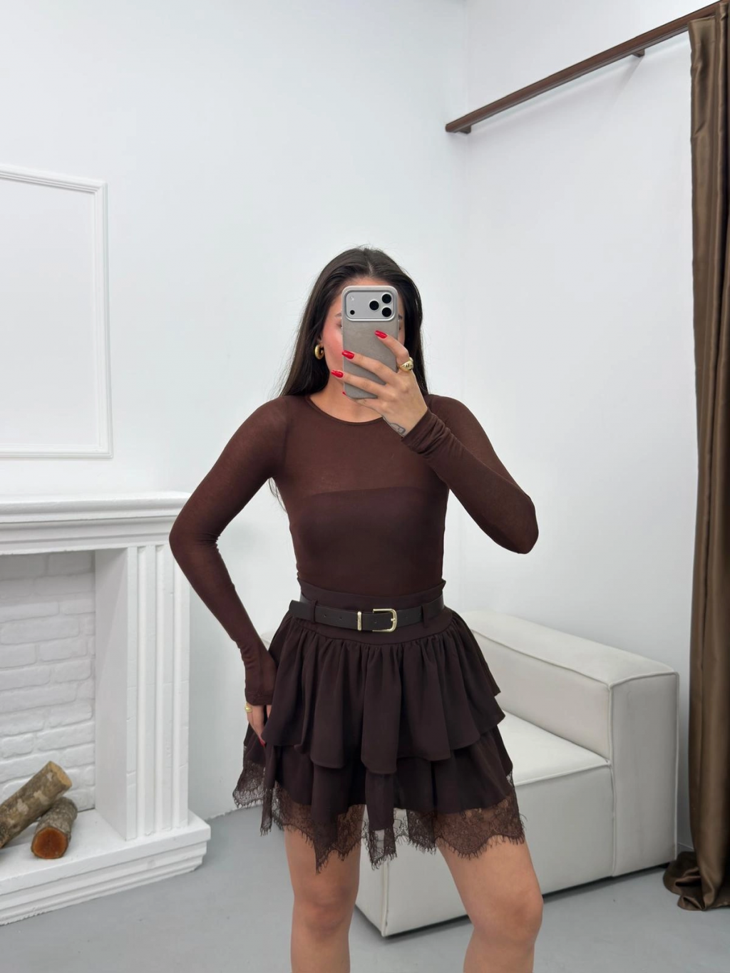 Zoom Butik - Dantel Detay Kemerli ETek - KAHVE