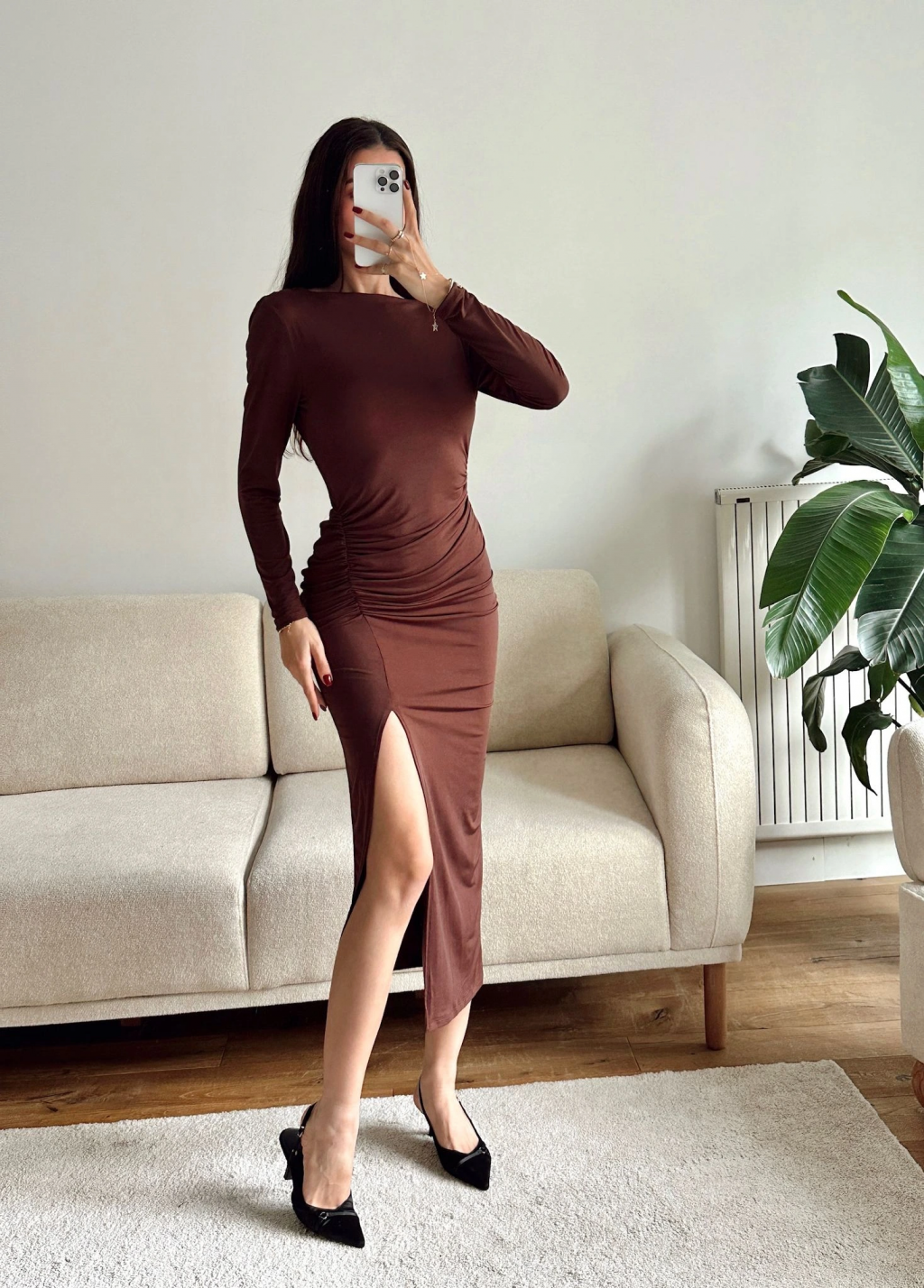 Zoom Butik - Sırt Dekolte Derin Yırtmaç Elbise - KAHVE