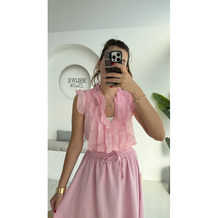 2119 - Julie Sıfır Kol Fırfırlı Gömlek - Pembe Fiyatı - Sislove Butik