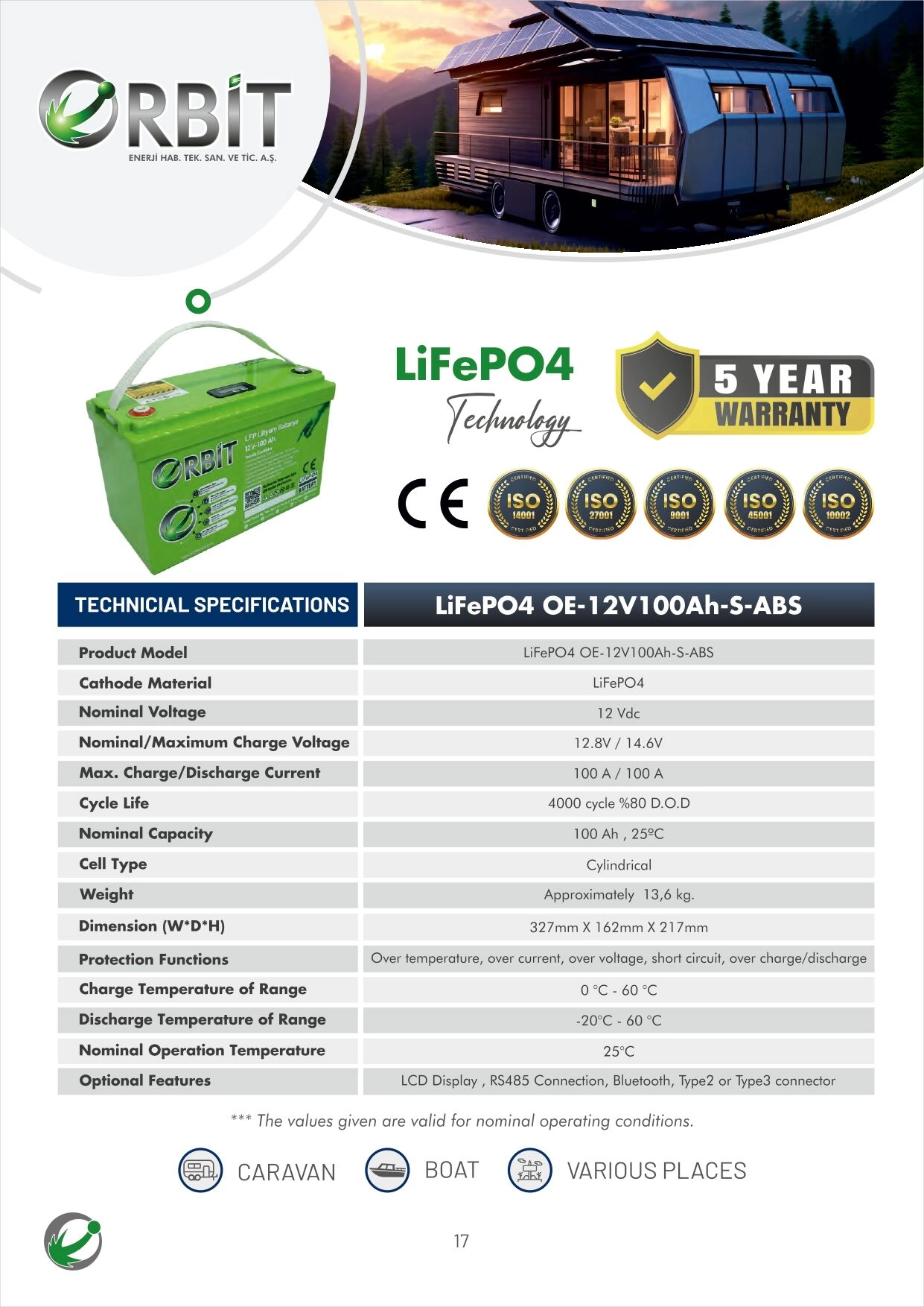 Orbit 12V 100Ah Lityum Akü (LiFePO4) | Solar Sistemler için Uzun Ömürlü Akü